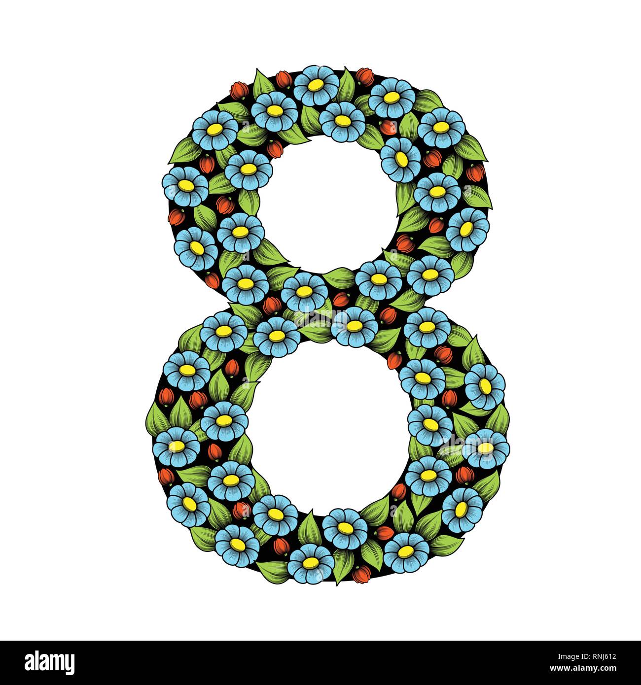 Number eight silhouette with color flowers and leaves isolated on white ...