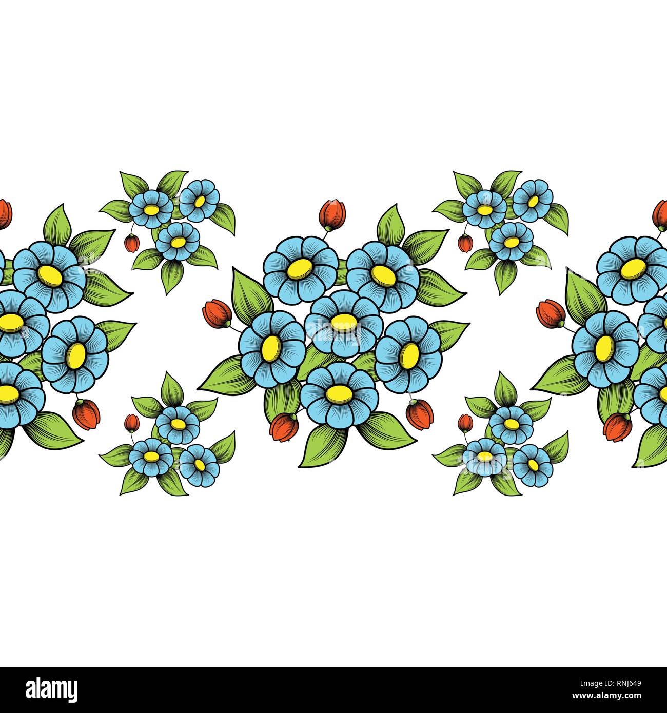 Seamless horizontal floral color pattern isolated on white background ...