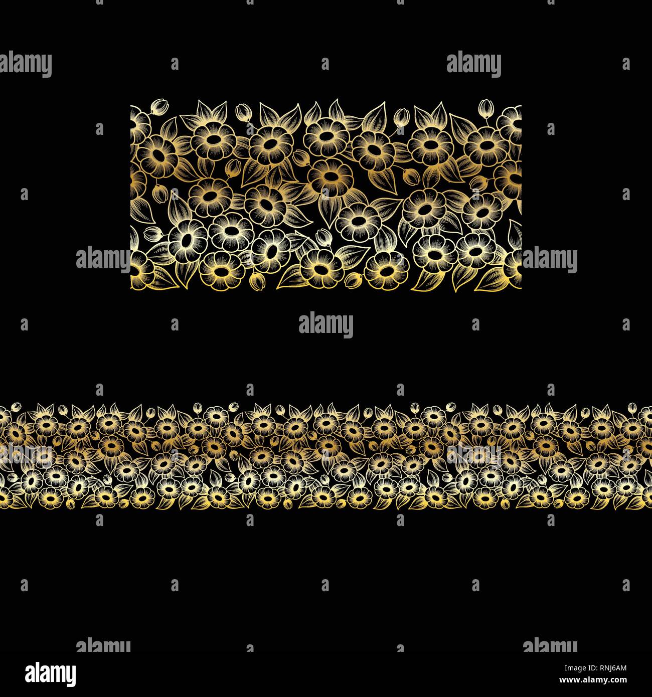 Seamless horizontal flower pattern golden color isolated on black ...