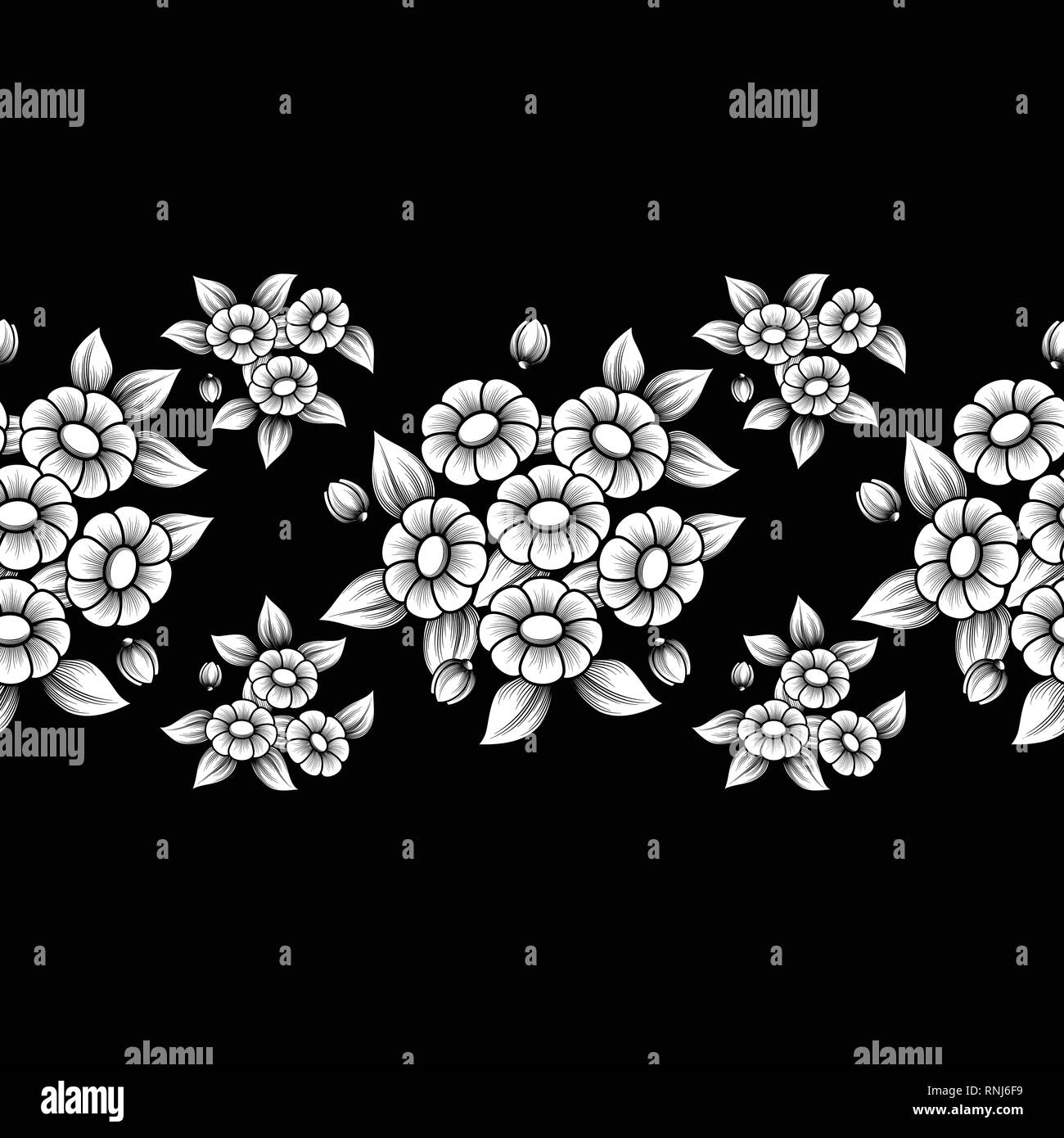 White daisy flowers seamless horizontal pattern isolated on black ...