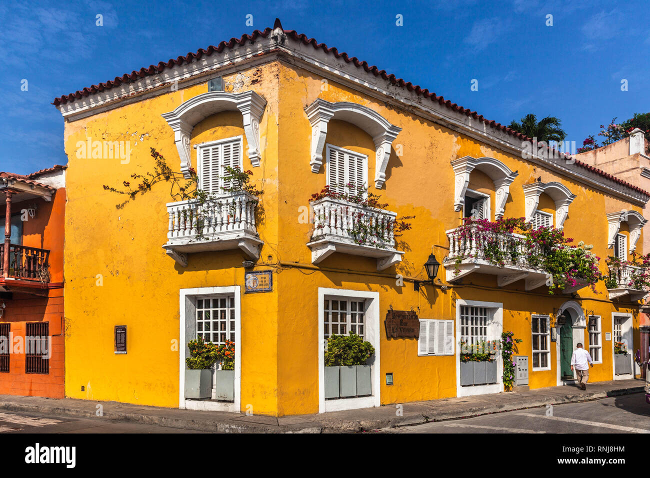 A Spanish colonial house with balconies on Calle de Baloco, Cartagena ...