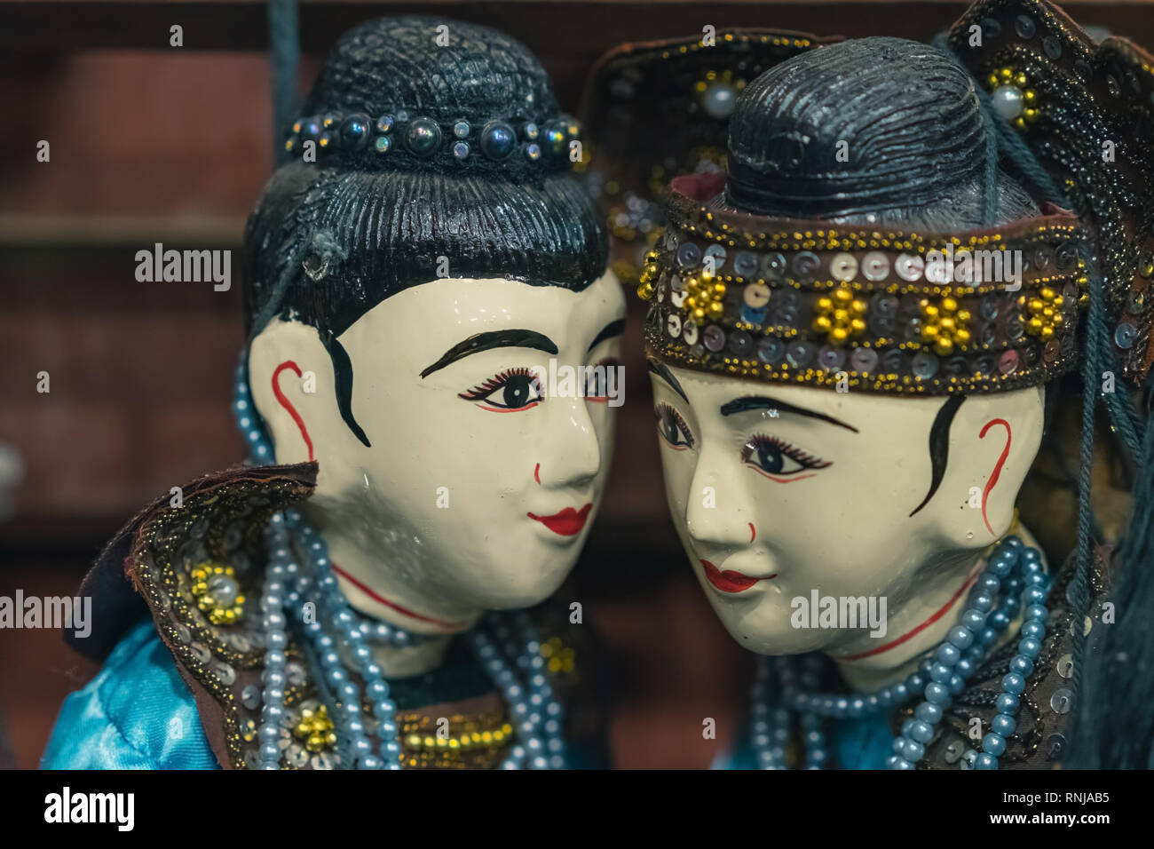 Traditional handicraft puppets for sale in the ancient pagoda in Bagan ...