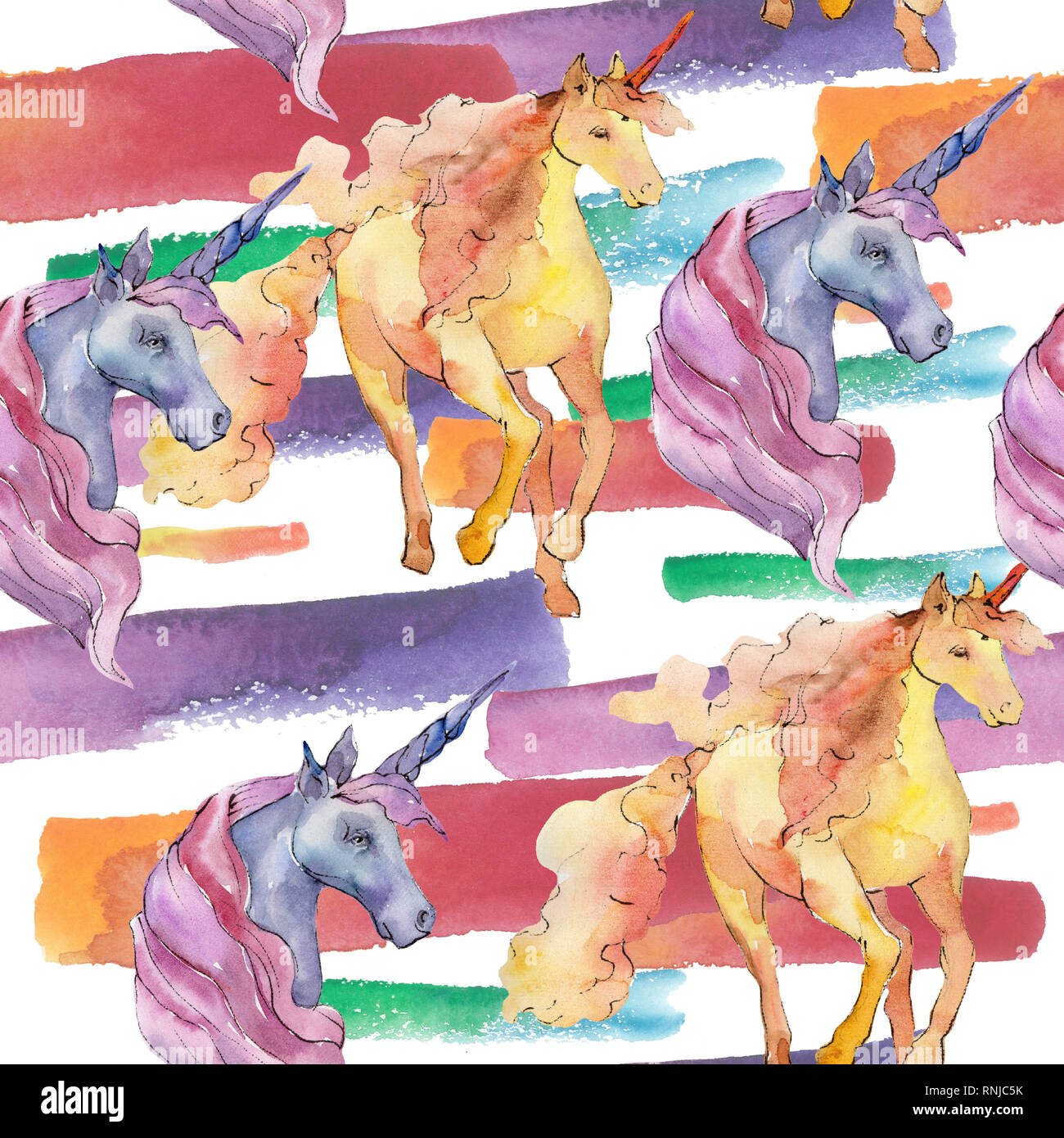 Cute unicorn horse animal horn character. Watercolor background ...