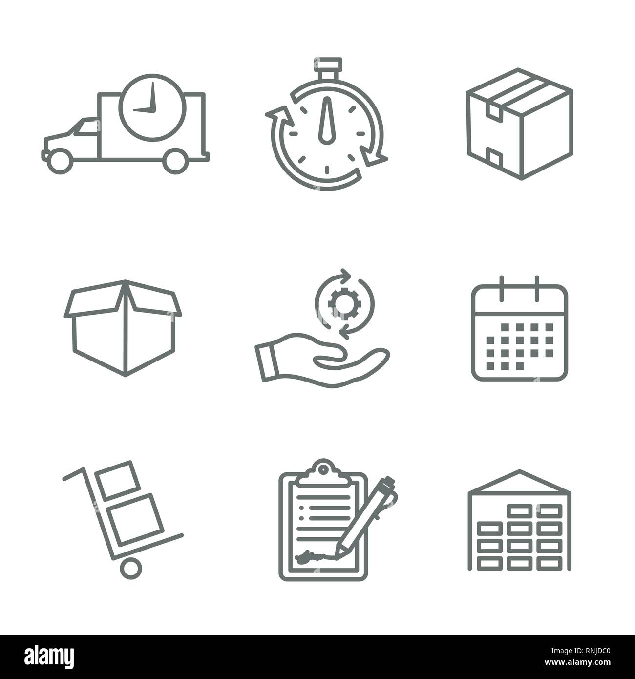 Shipping and Receiving Icon Set w Boxes, Warehouse, checklist, etc ...