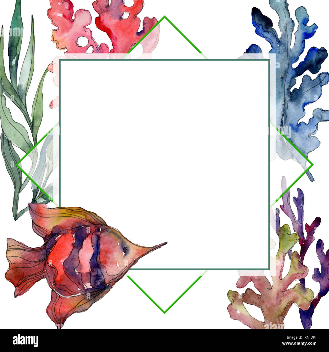 Red and blue aquatic underwater nature coral reef. Watercolor ...