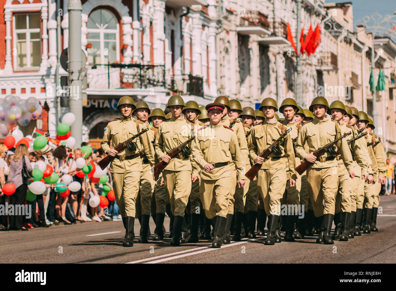 Gomel, Belarus - May 9, 2018: A company of soldiers of the red army of ...