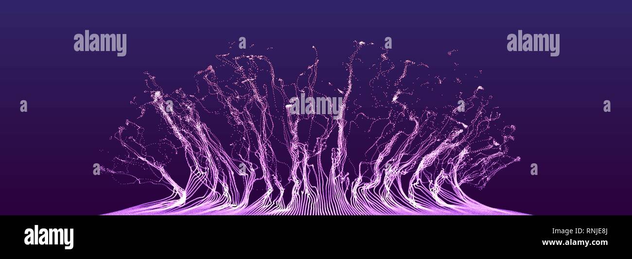 Array with dynamic emitted particles. Water splash imitation. Abstract background. Vector ...