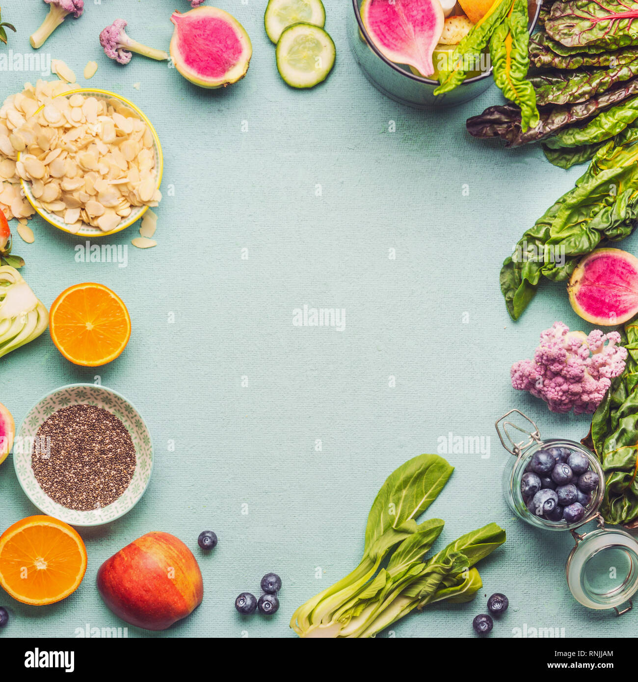 Healthy smoothie ingredients on light table, top view. Various fruits ...