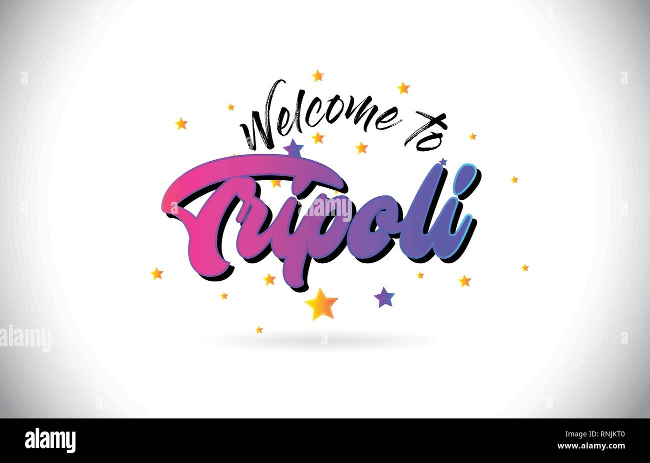 Tripoli Welcome To Word Text with Purple Pink Handwritten Font and Yellow Stars Shape Design ...