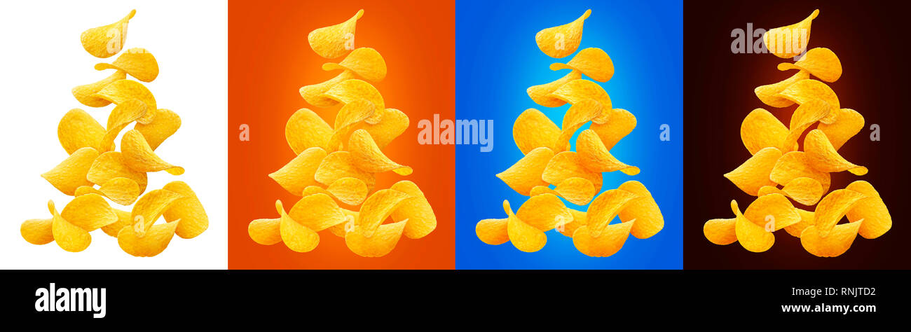 Falling potato chips isolated on different colored backgrounds ...