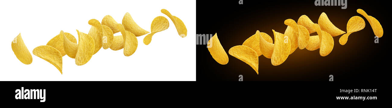 Falling potato chips isolated on white and black backgrounds, flying ...