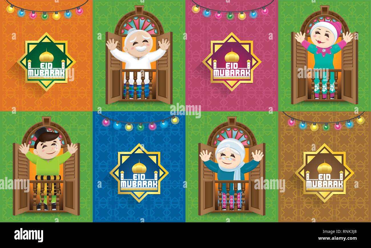 A Muslim family celebrating Raya festival, with colourful Malay motif ...