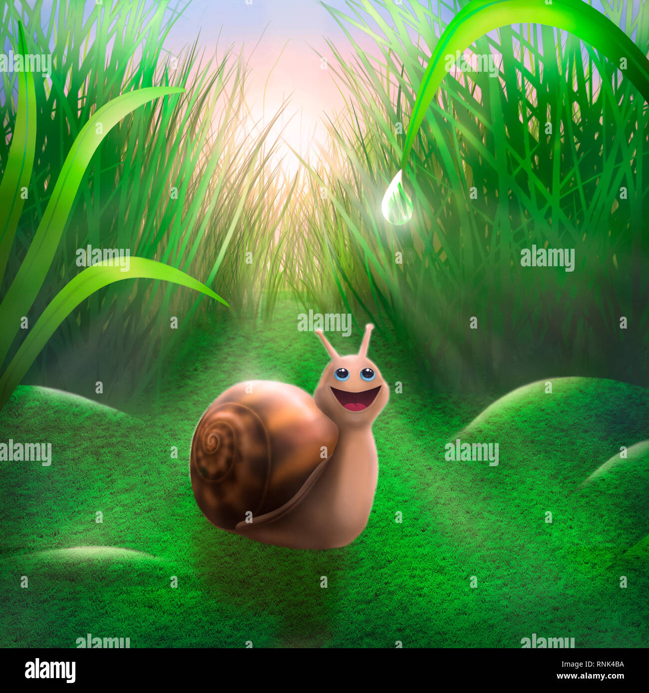 The smiling snail saw a glittering drop of water in the sun at dawn ...