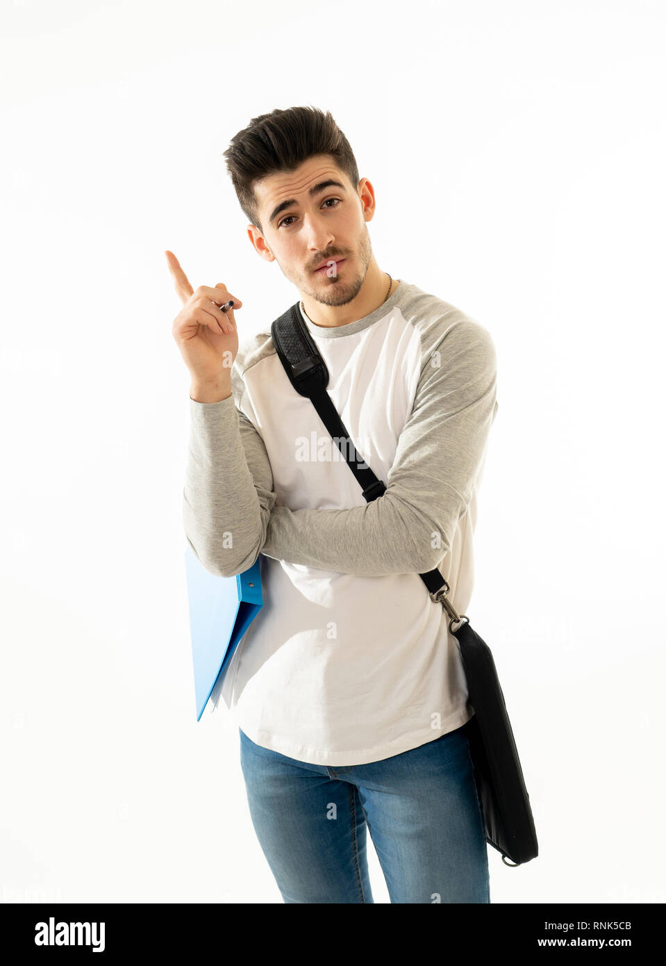 Portrait of happy young man, thoughtful student thinking in creative ...