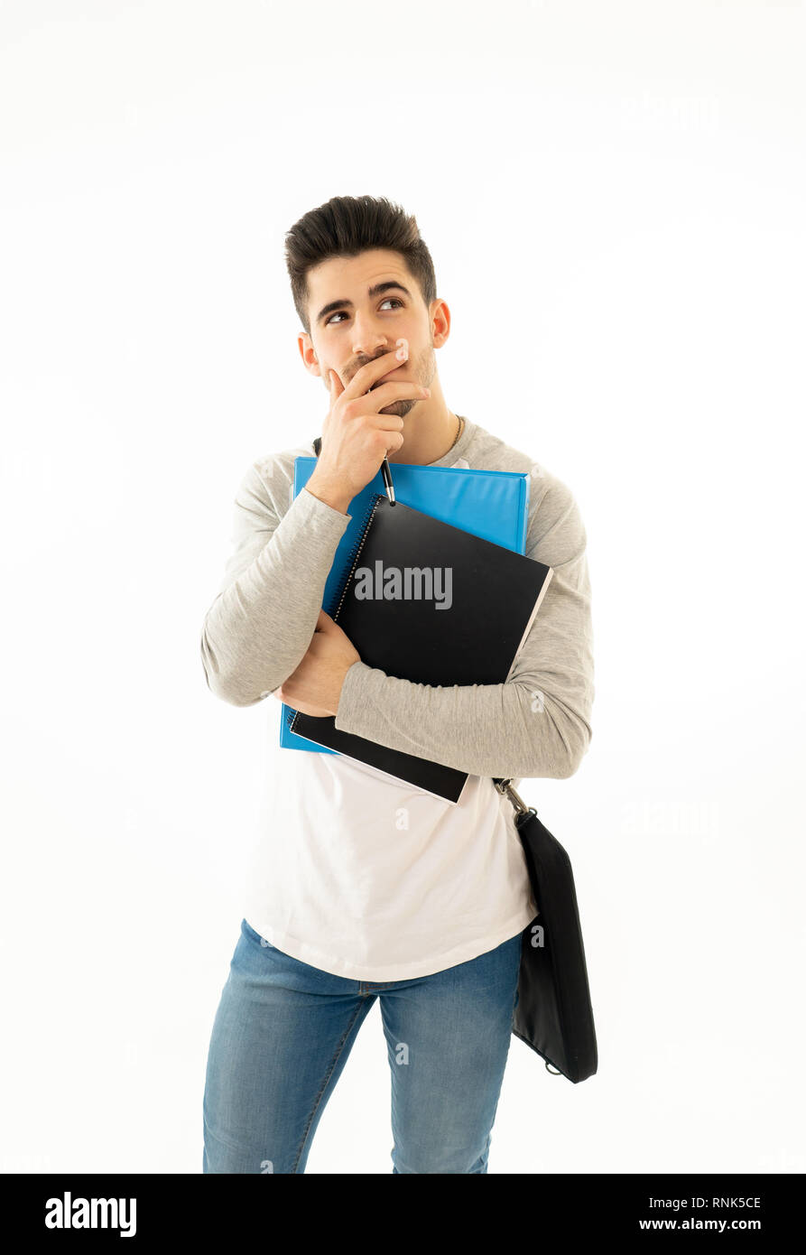 Portrait of happy young man, thoughtful student thinking in creative ...