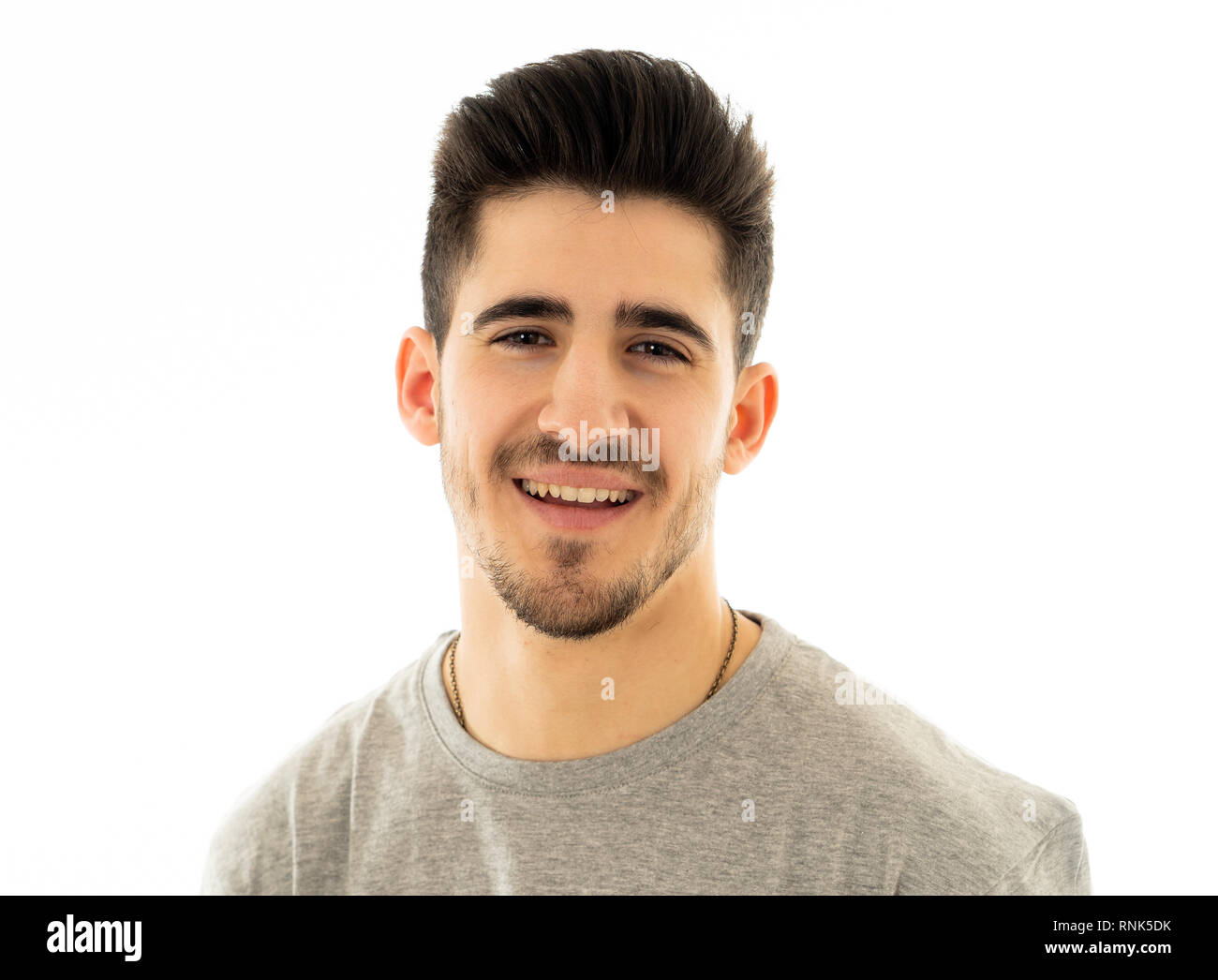 Close up portrait of happy young man having fun and joy smiling and ...
