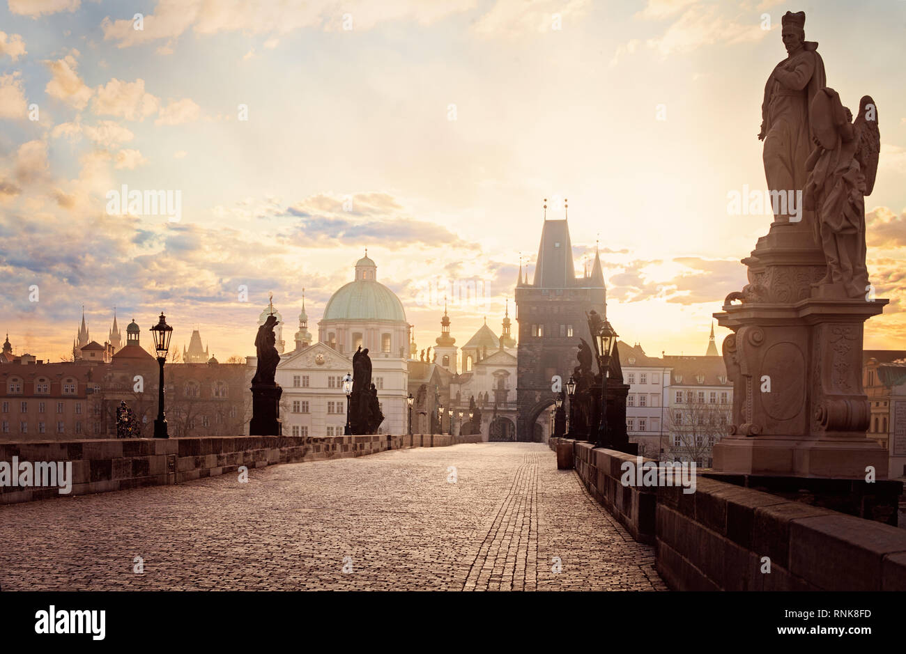 Charles Bridge in morning sun, Prague Czech Republic. Prague landmarks ...