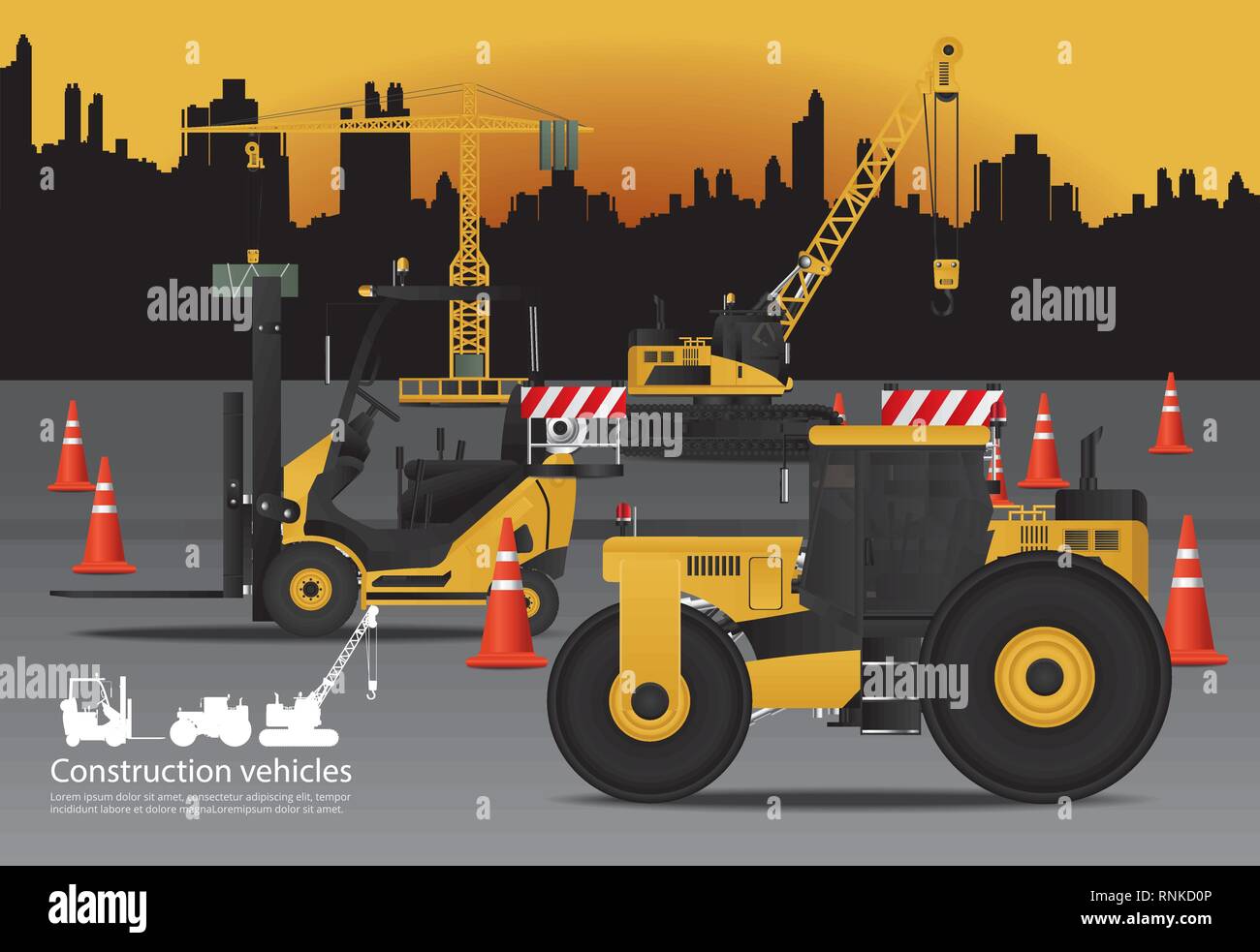 Construction Vehicles Set with Building Background Vector Illustration ...