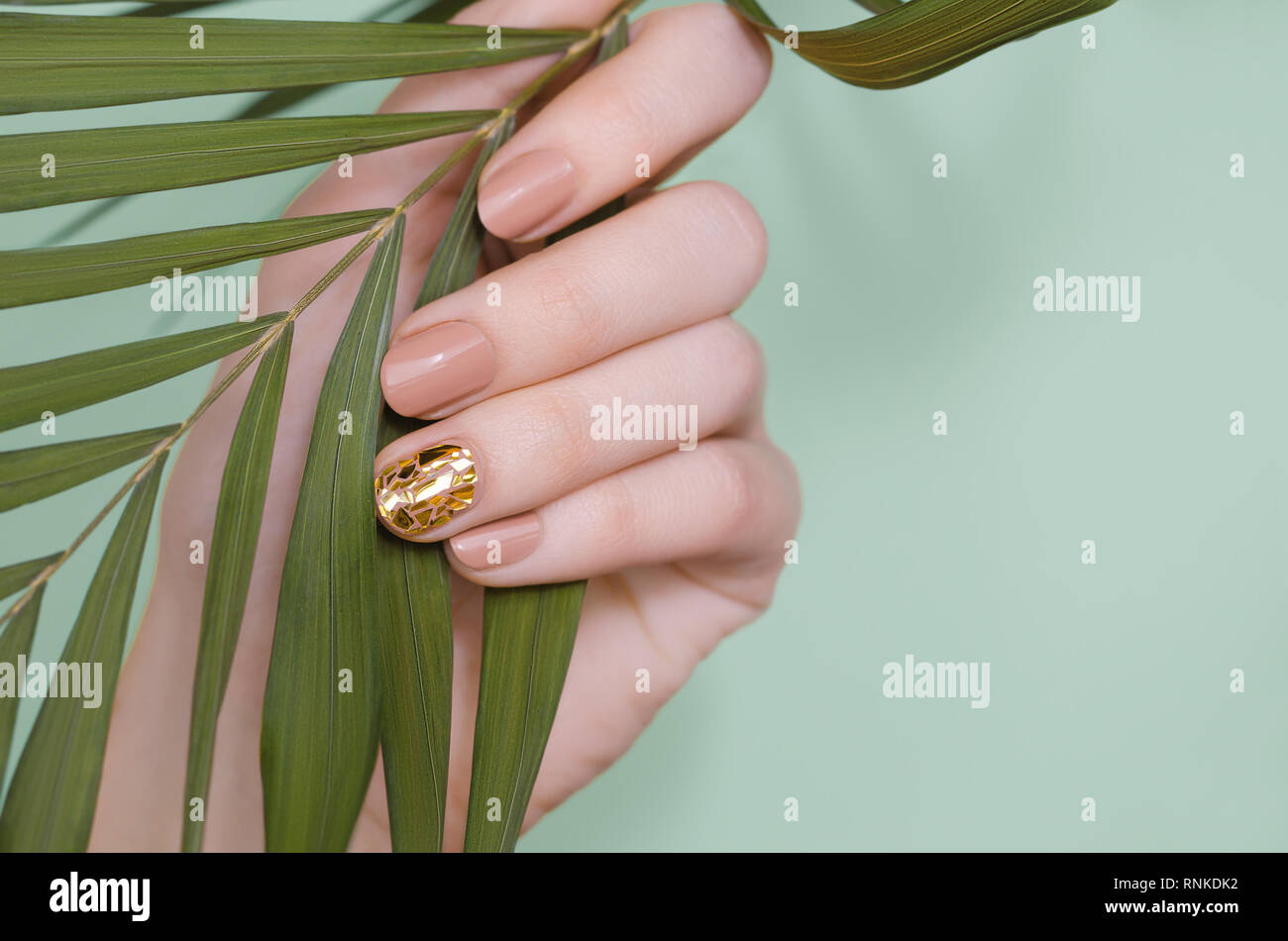 Beautiful female hand with beige nail design Stock Photo - Alamy