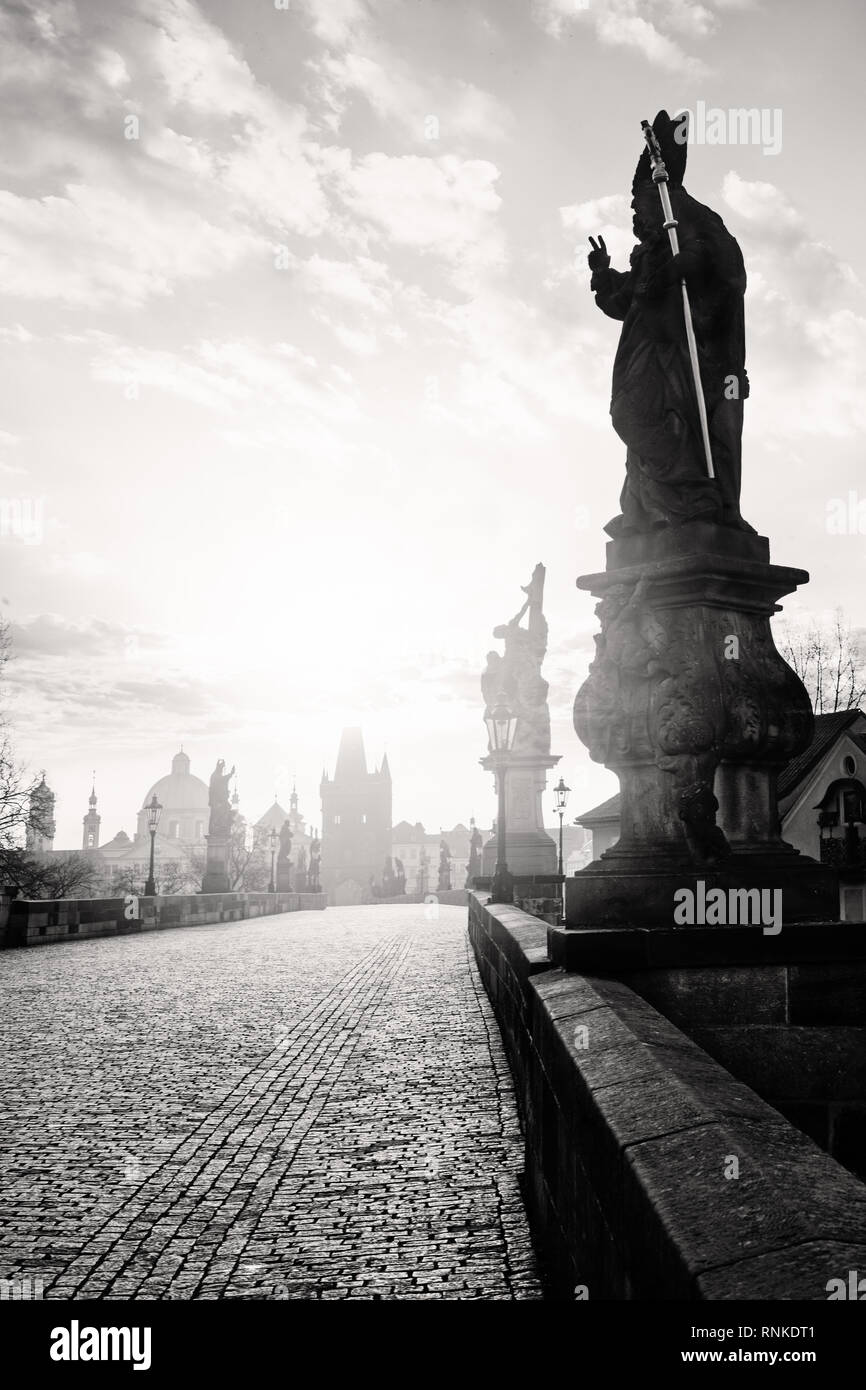 Black and white photo of Charles Bridge in Prague, Czech Republic Stock ...