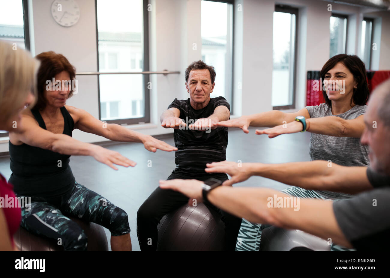 A group of cheerful seniors in gym doing exercise on fit balls Stock ...
