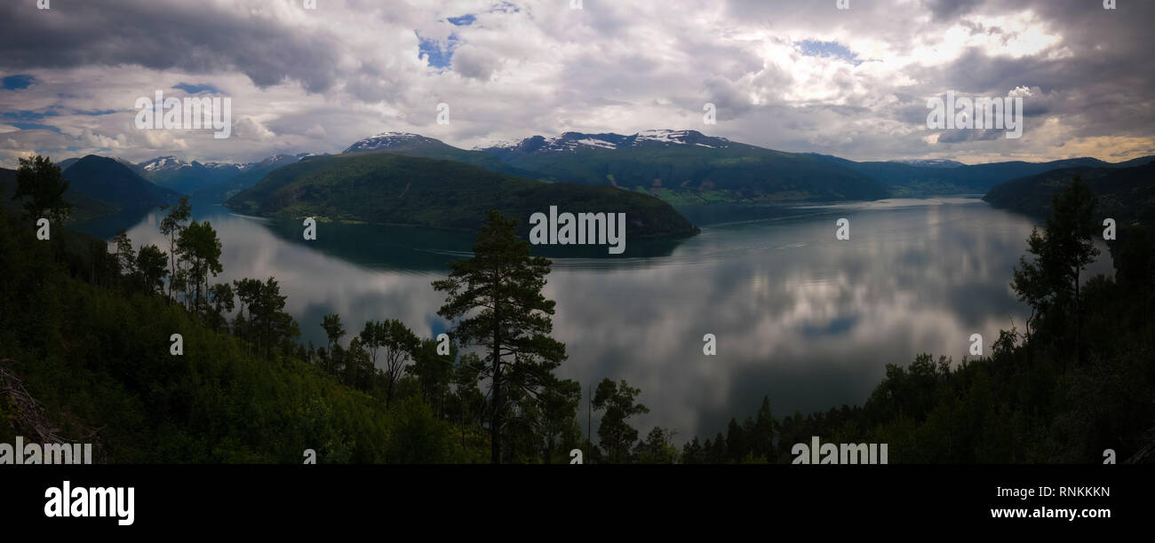 Landscape panoramic view to innvikfjorden, innvik and utvik village in ...