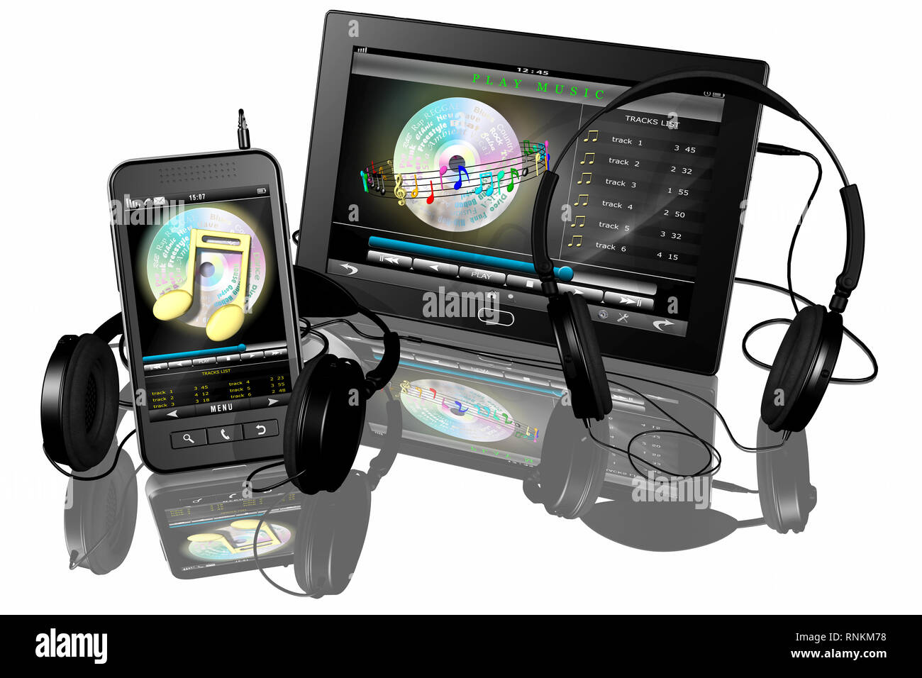 3D illustration. Tablet, Smart phone and stereo headphones for music ...