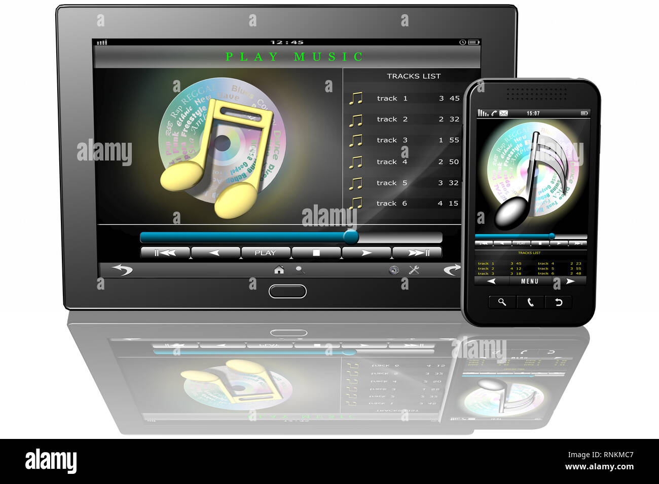 3D illustration.Tablet smartphone with application to listen to music ...