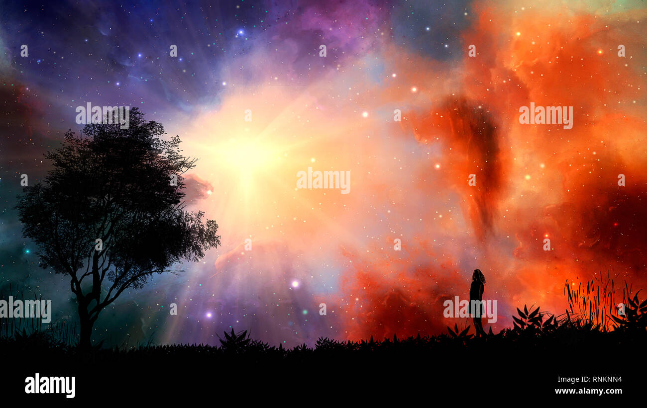 Space scene. Colorful nebula with land and girl silhouette. Elements ...