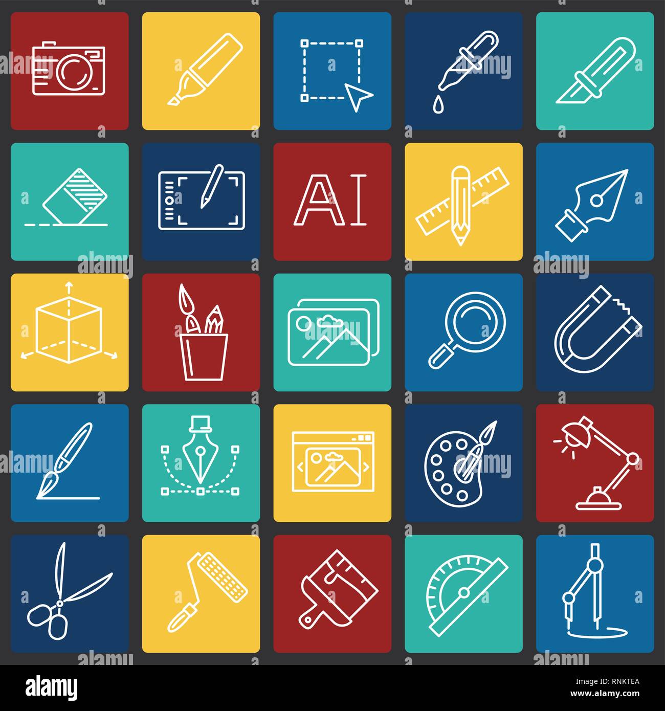 Graphic design line icons set on color squares background for graphic ...