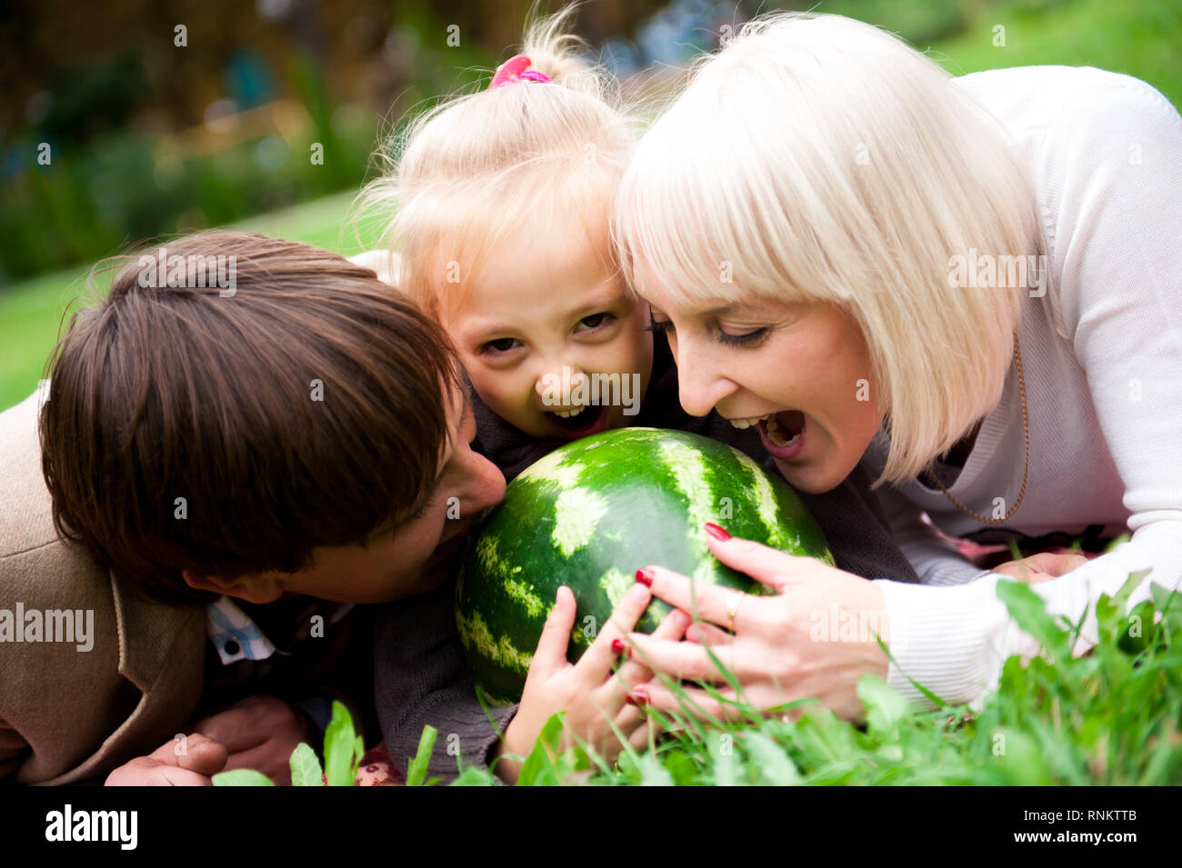 Family is eating a watermelon together in the park Stock Photo - Alamy