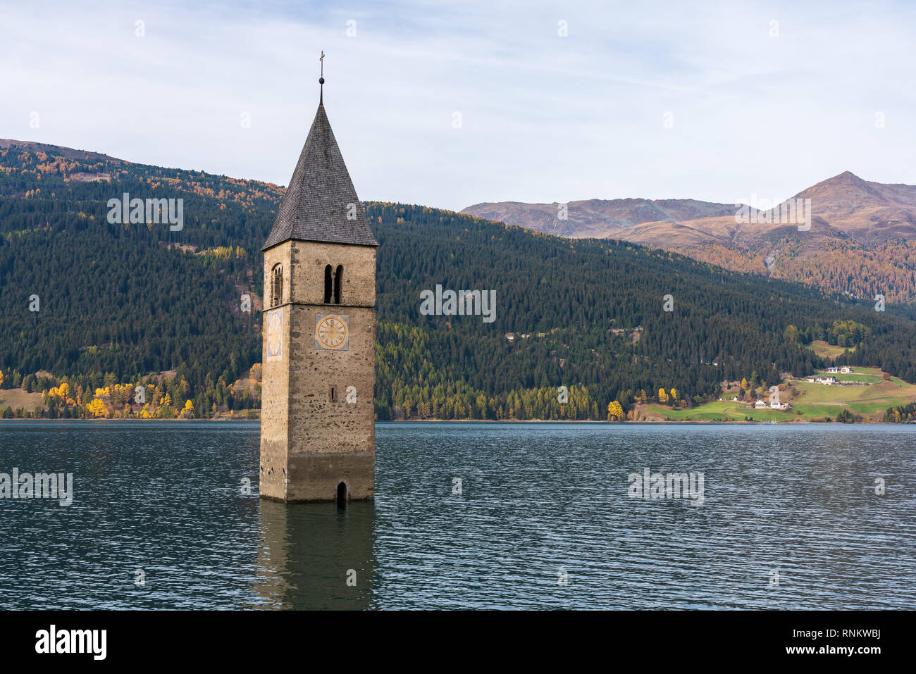 The Famous Bell Tower In The Lake Of Reschen Lago Di Resia In South Tyrol Italy During WW2 A 