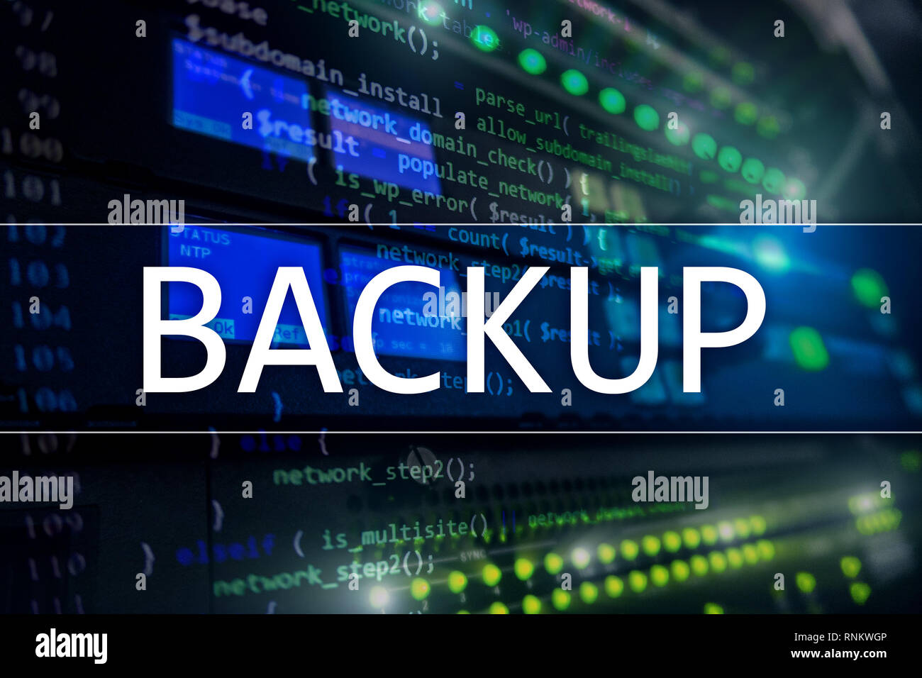 Backup button on modern server room background. Data loss prevention ...