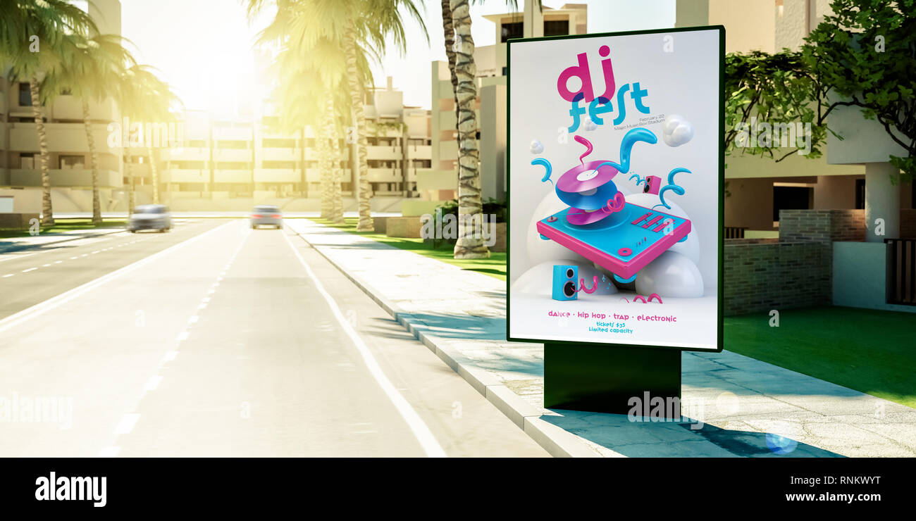 3d rendering of dj festival advertising billboard at suburbs Stock ...