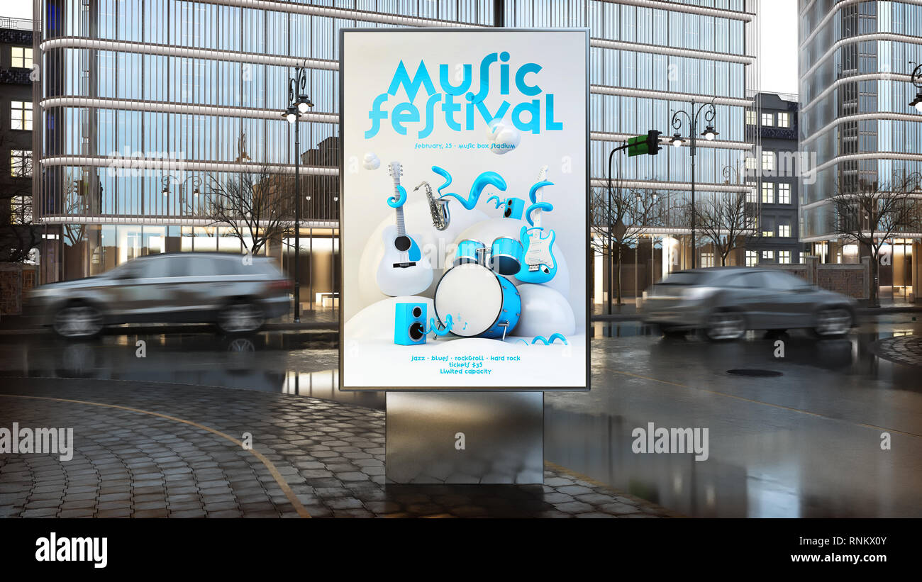 music festival advertising billboard on city downtown 3d rendering ...