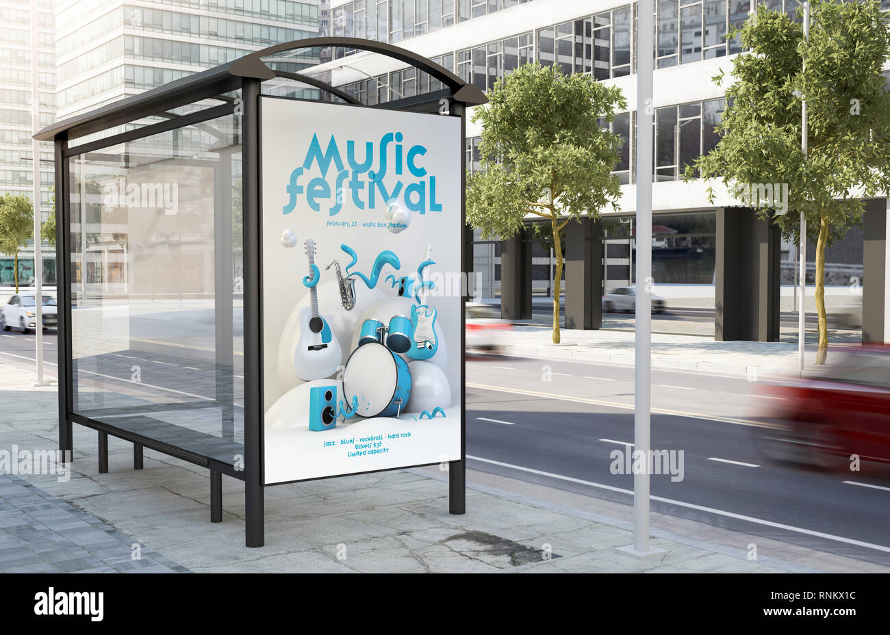 bus stop music festival billboard on the street 3d rendering Stock ...