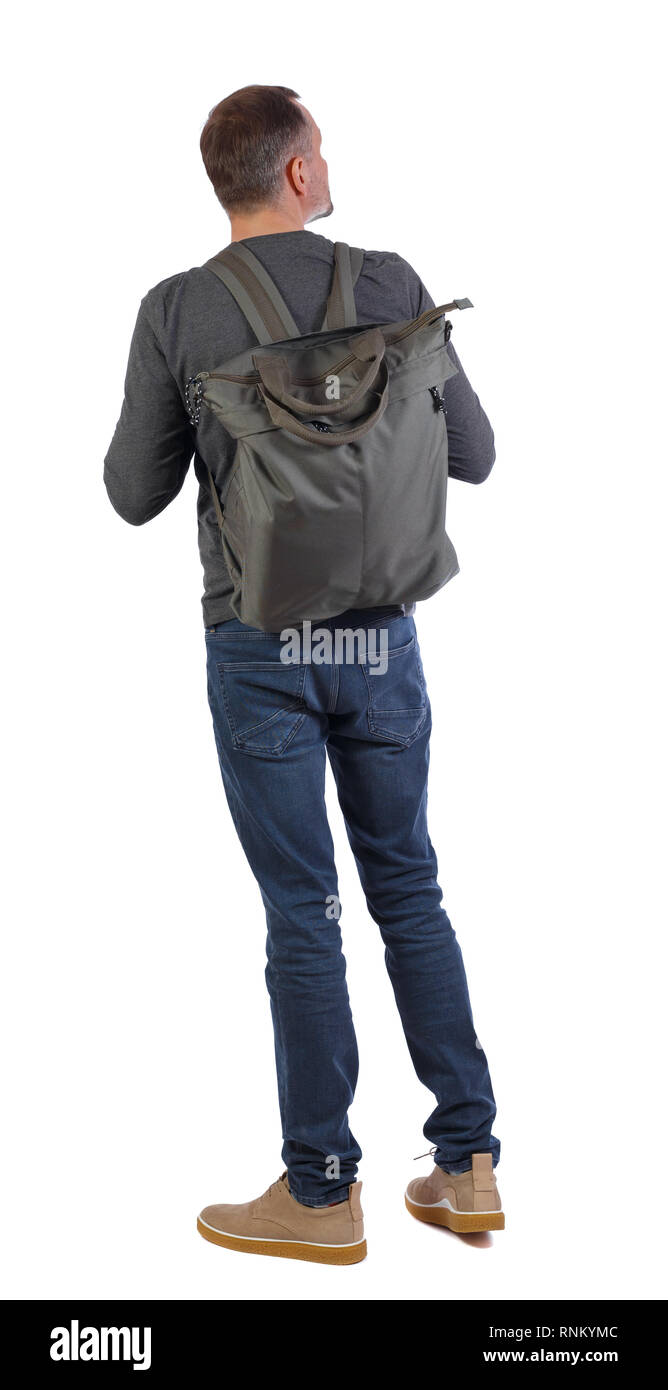 Back view of a man with a green bag. backside view of person. Rear view ...