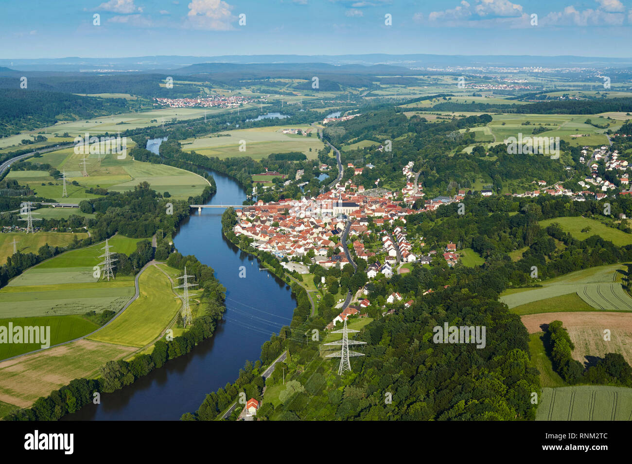 The town Eltmann on the river Main seen from the air. Bavaria, Germany ...