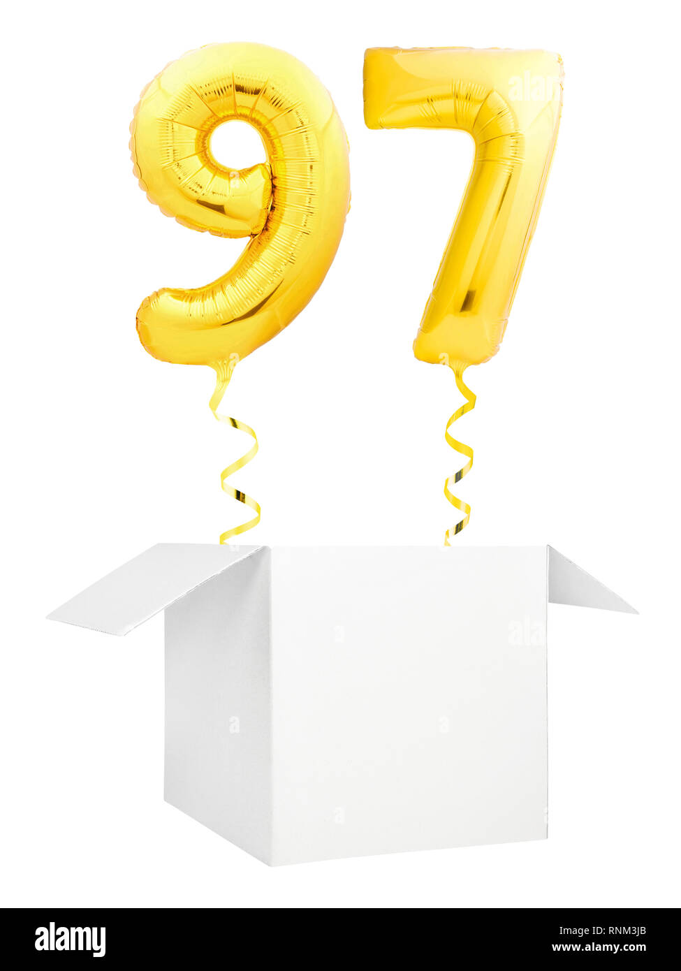 Golden number ninety seven inflatable balloon with golden ribbon flying ...