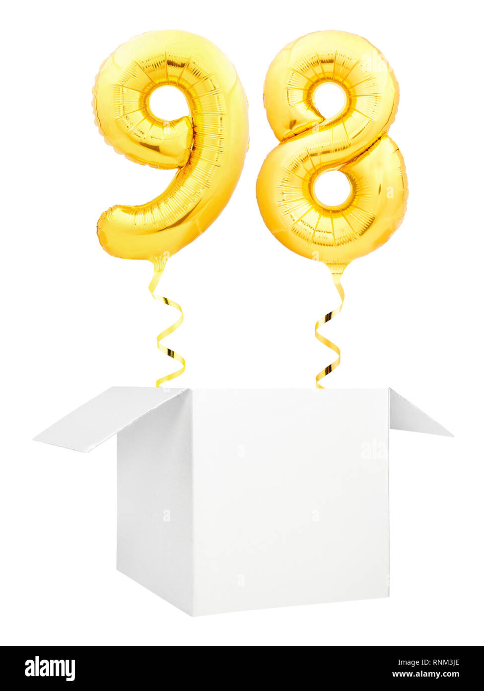 Golden number ninety eight inflatable balloon with golden ribbon flying ...