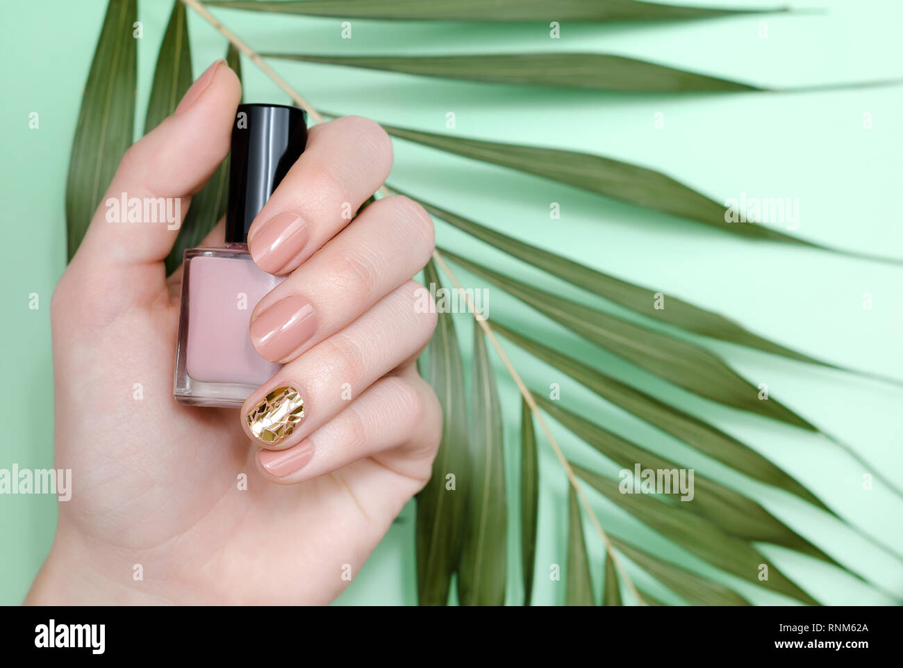Beautiful female hand with beige nail design Stock Photo - Alamy