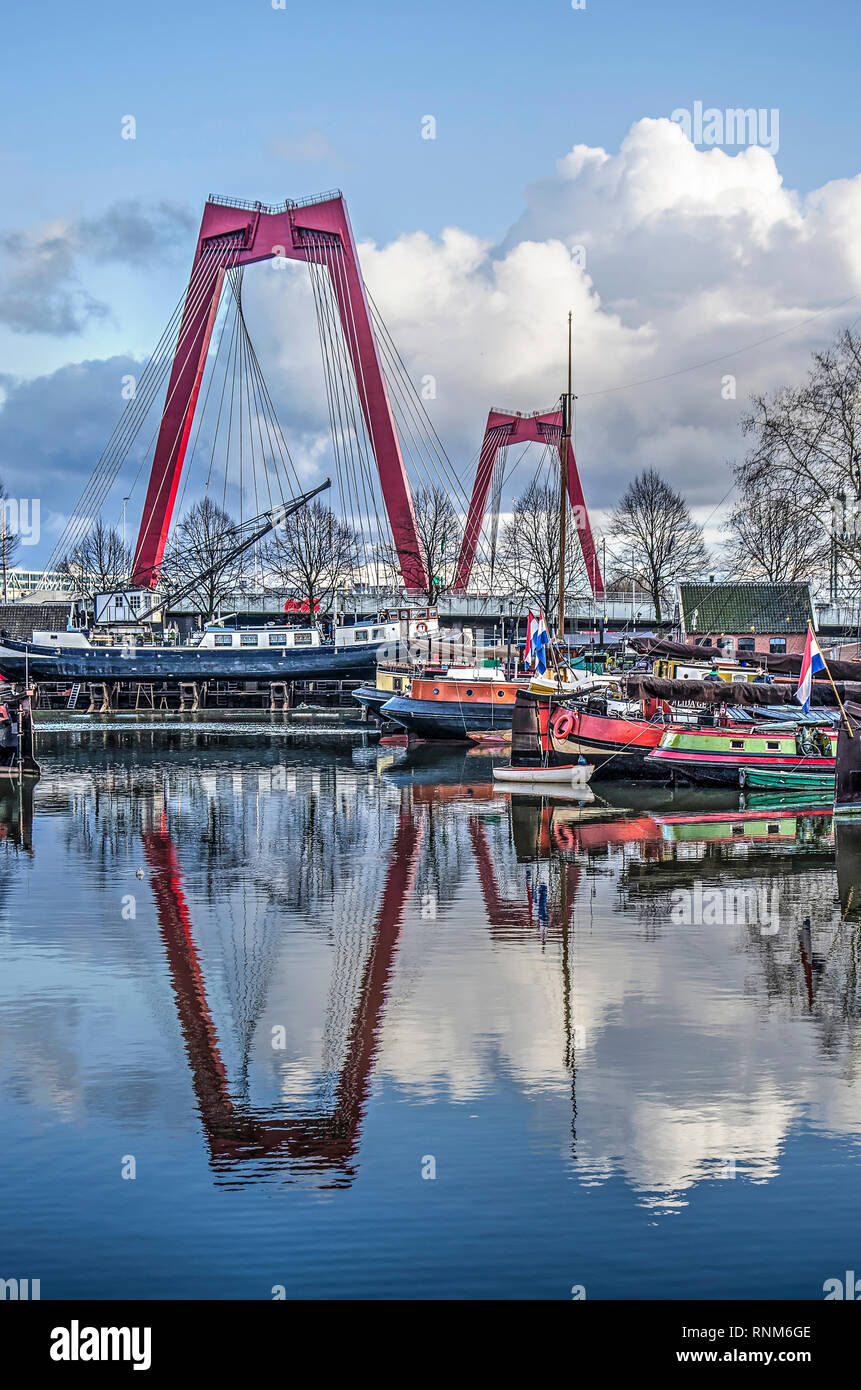 Rotterdam, The Netherlands, February 3, 2019: the two red pylons of ...