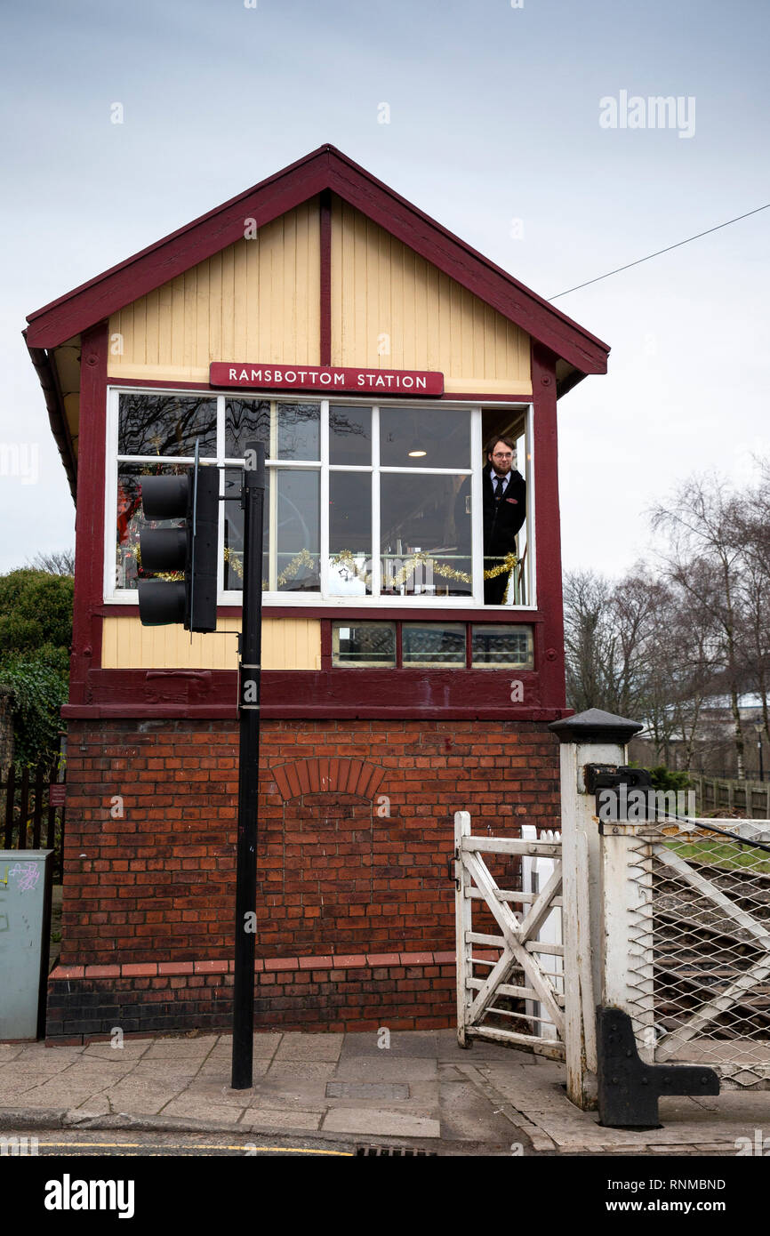 UK, England, Lancashire, Ramsbottom, Bridge Street, volunteer in window ...
