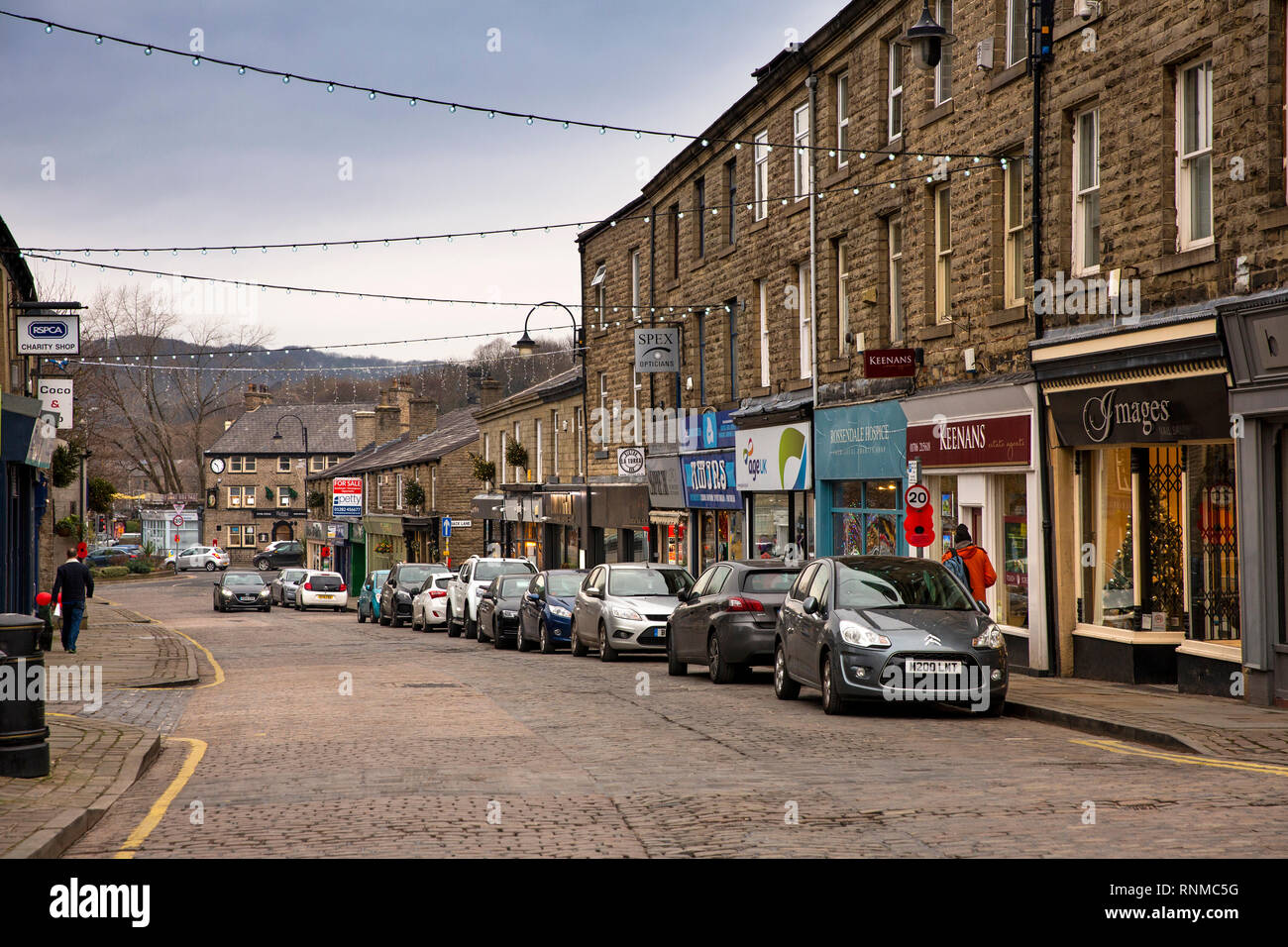 UK, England, Lancashire, Rawtenstall, Bank Street, Christmas lights ...