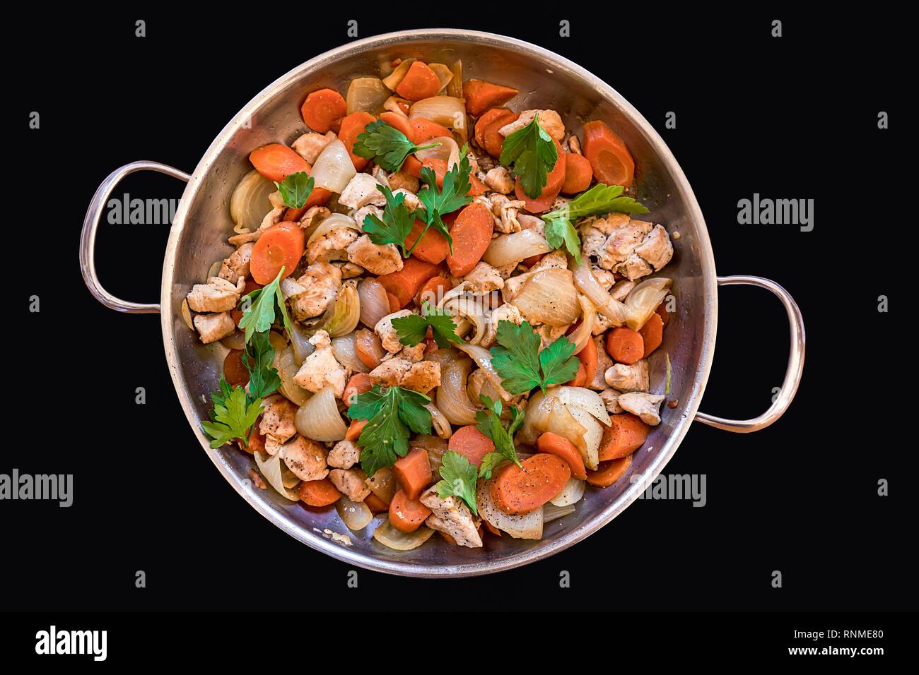 Vegetable pan, various vegetables with chicken meat in a pan, Germany ...