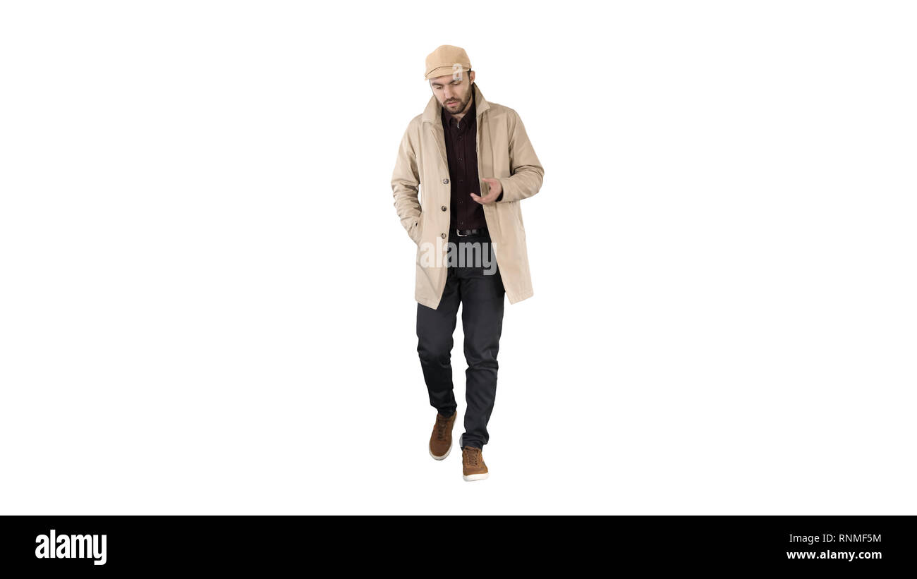 Thoughtful look Man walking and talking to himself on white background ...