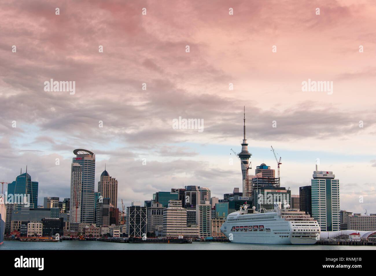 Auckland, New Zealand - July, 2018: City skyline with P&O cruise ship ...