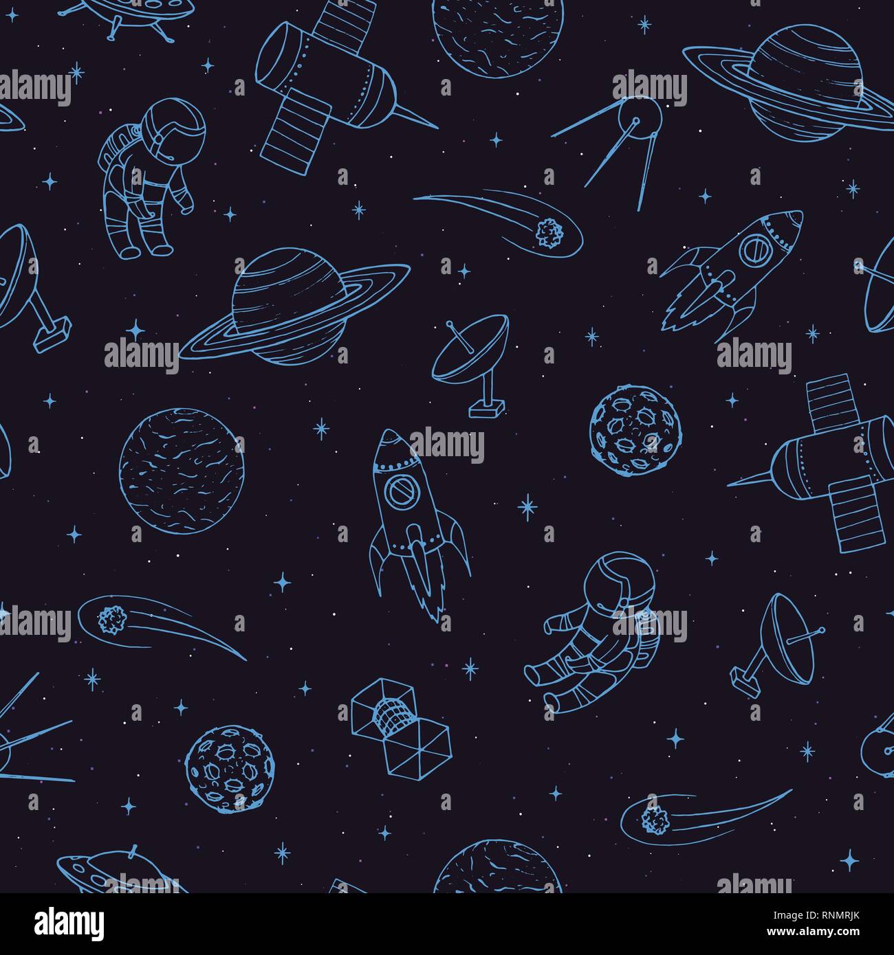 Hand drawn vector seamless pattern with cosmonauts, satelites, rockets ...