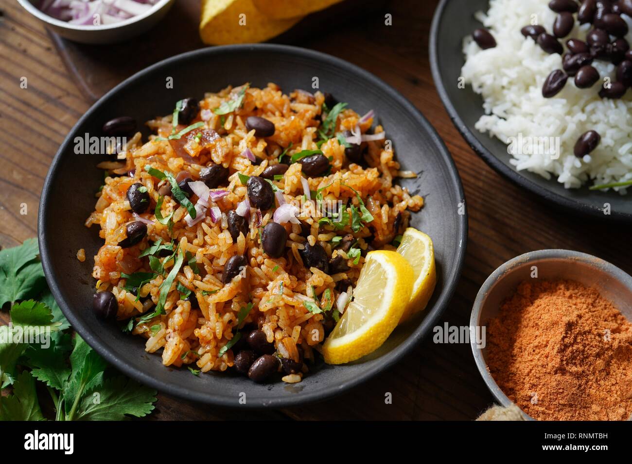 Rice and beans Taco shells on side / Mexican meal Selective focus Stock ...