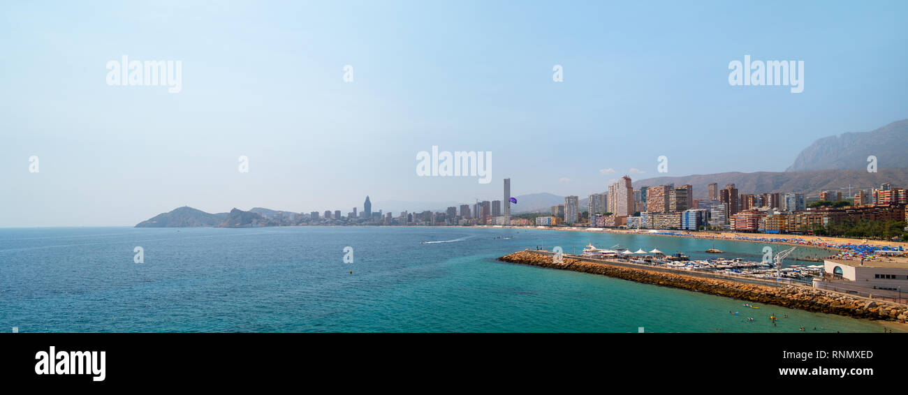 Panoramic landscape of Mediterranean sea and Benidorm city skyline ...